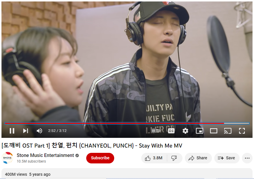 Chanyeol x Punch's Music Video for "Stay With Me" has now surpassed 400 Million views on YouTube ...