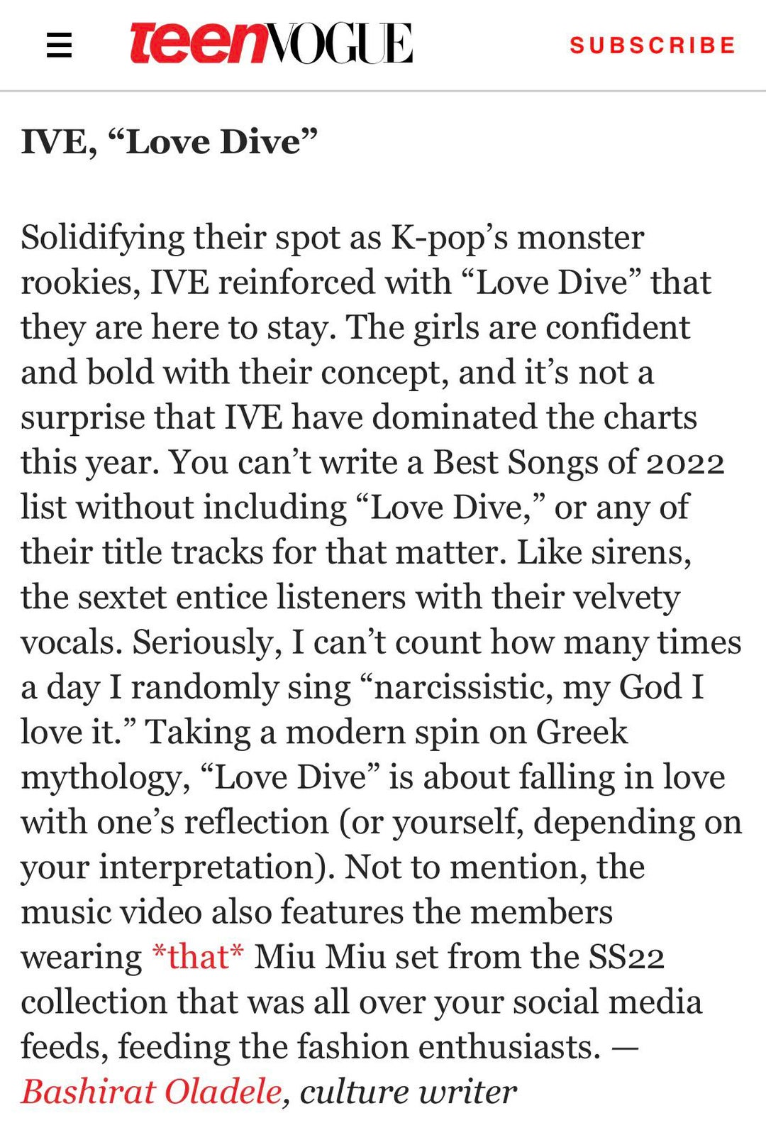 221215 ‘LOVE DIVE’ & ‘After LIKE’ on the 79 Best K-Pop Songs of 2022 | Teen Vogue - PTKOREA
