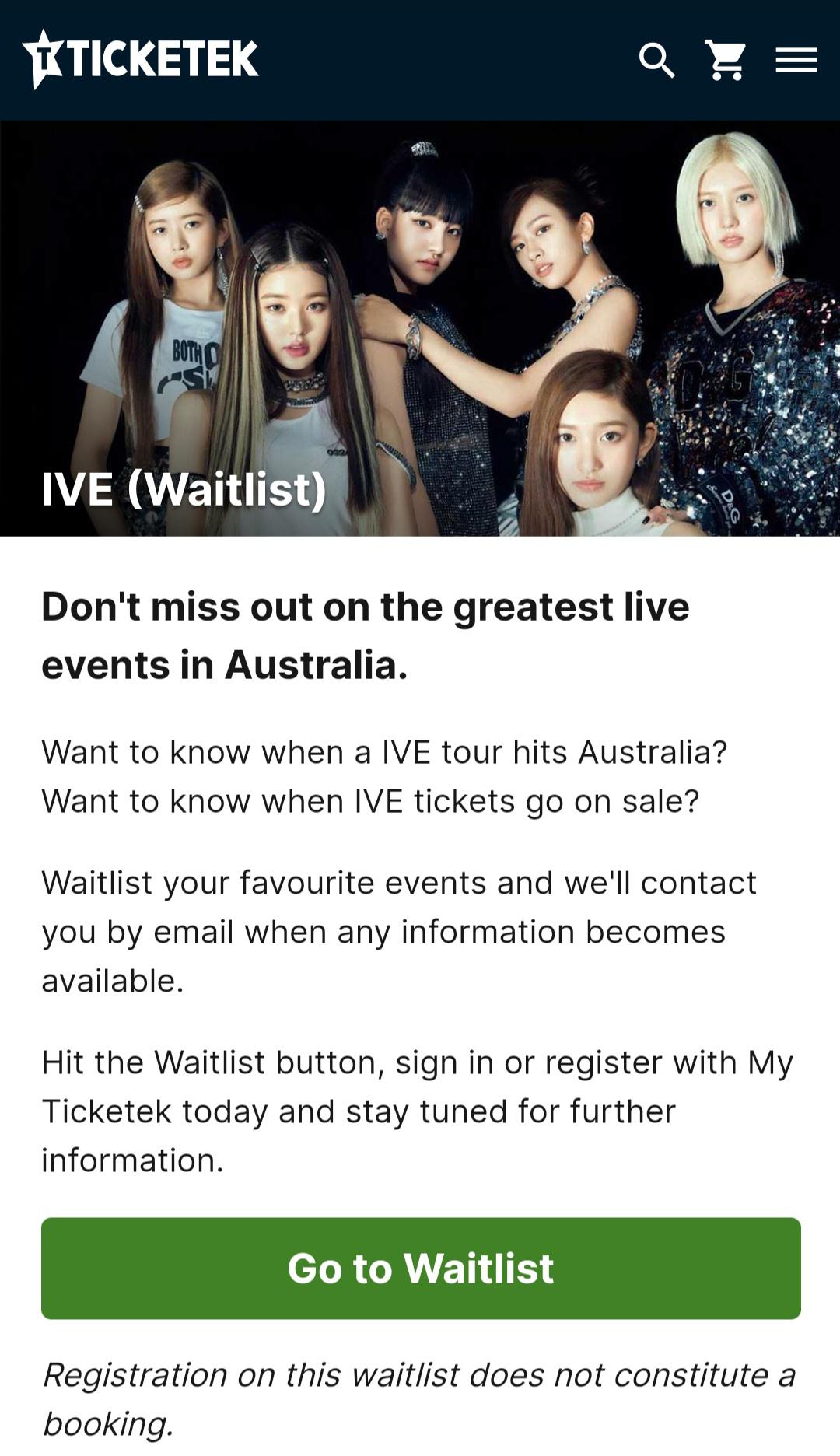 230329 Ticketek Australia adds IVE waitlist. Possibly means a potential ...
