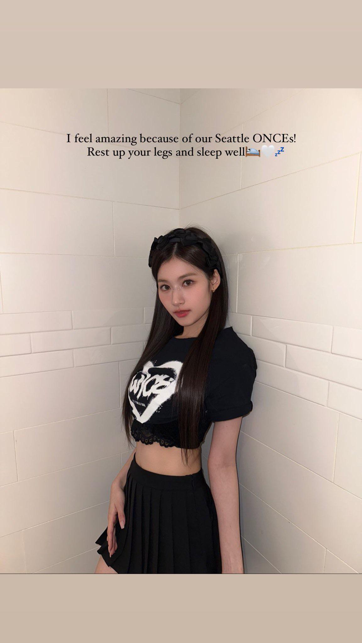 230617 Sana Instagram Story Update - I feel amazing because of our Seattle ONCEs! Rest up your ...