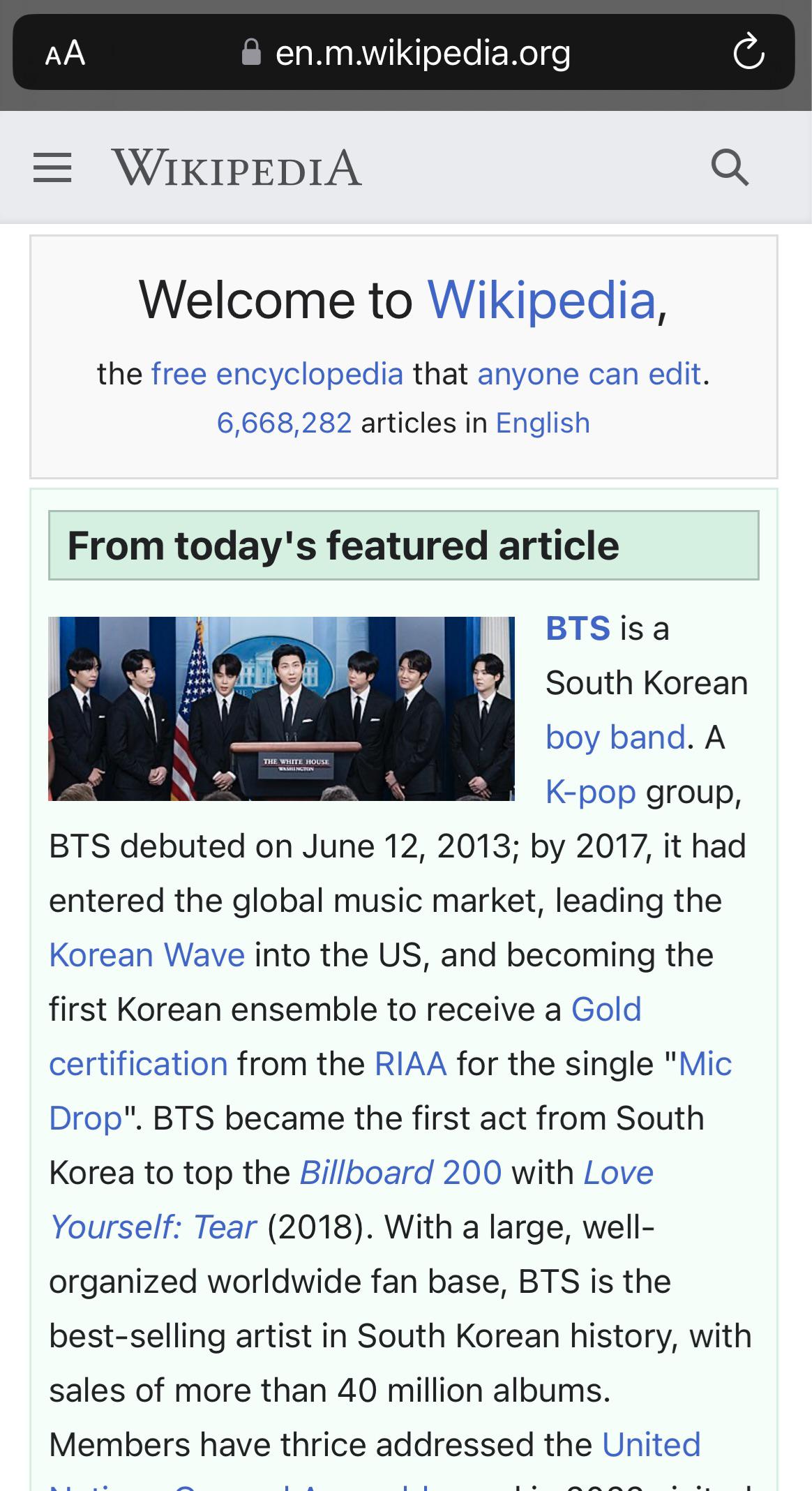 BTS is todays featured article on Wikipedia! - PTKOREA