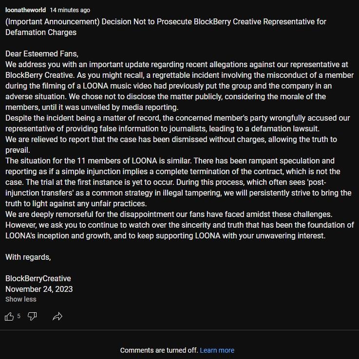 Blockberry Creative posts statement in the community section of Loona’s ...