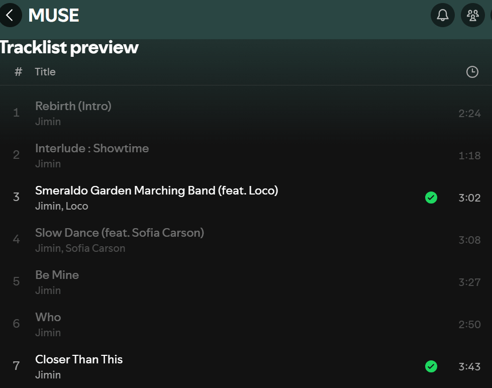 240712 Jimin's "MUSE" Tracklist Preview (song lenghts) - PTKOREA