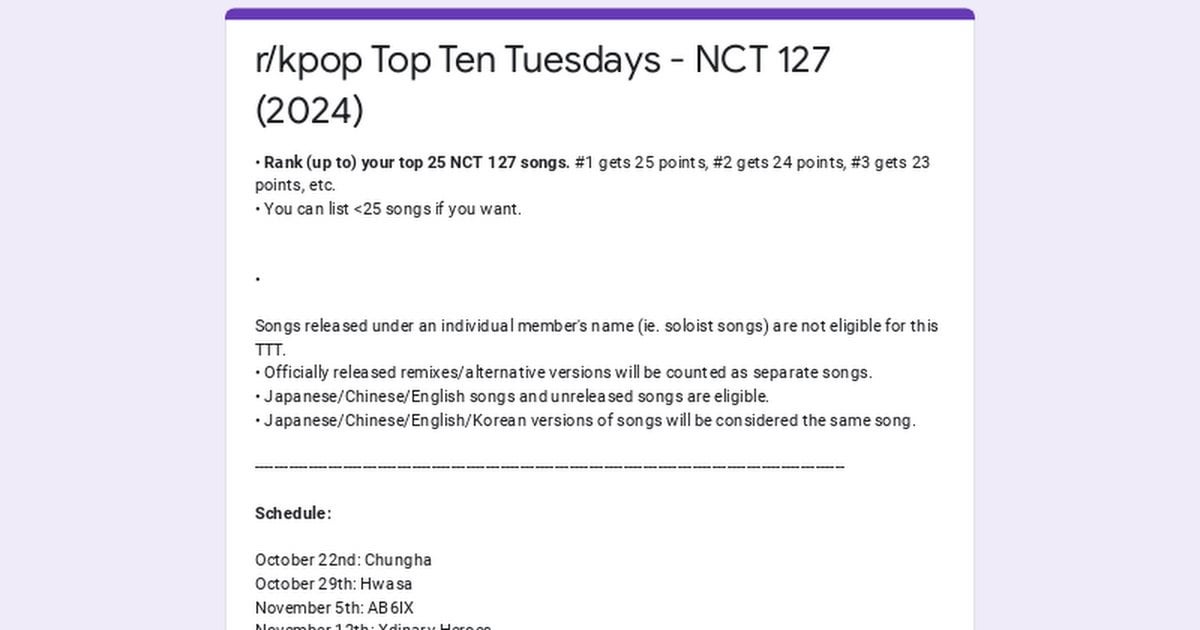 /r/kpop Top Ten Tuesdays Voting: NCT 127 (2024) - PTKOREA