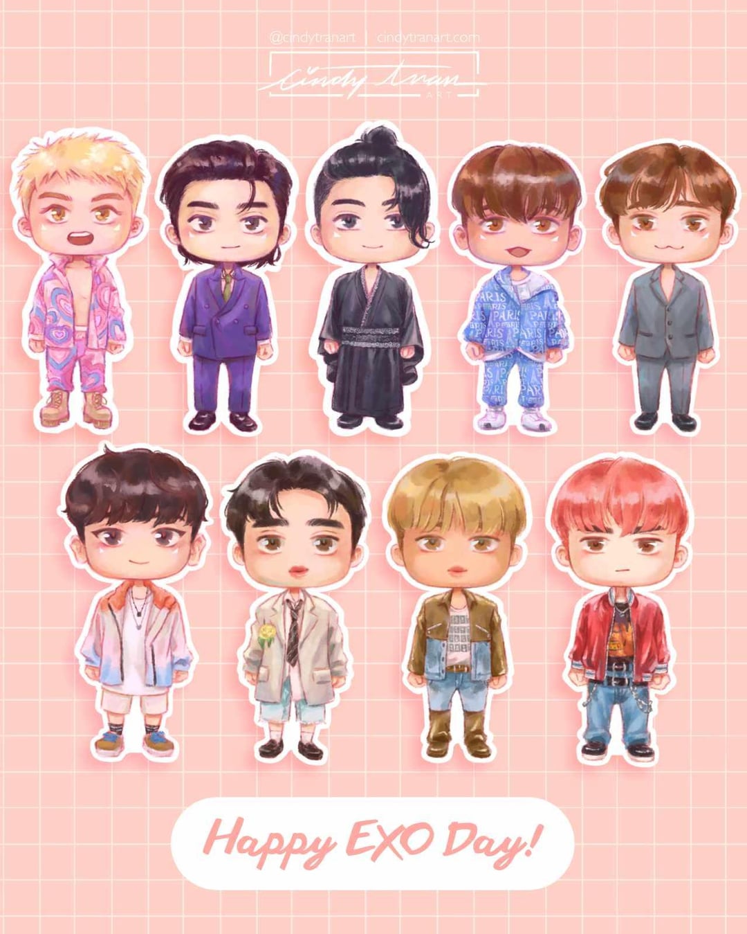 EXO OT9 Solo Chibis & Hand-lettered Lyric Stickers by Cindy Tran Art ...