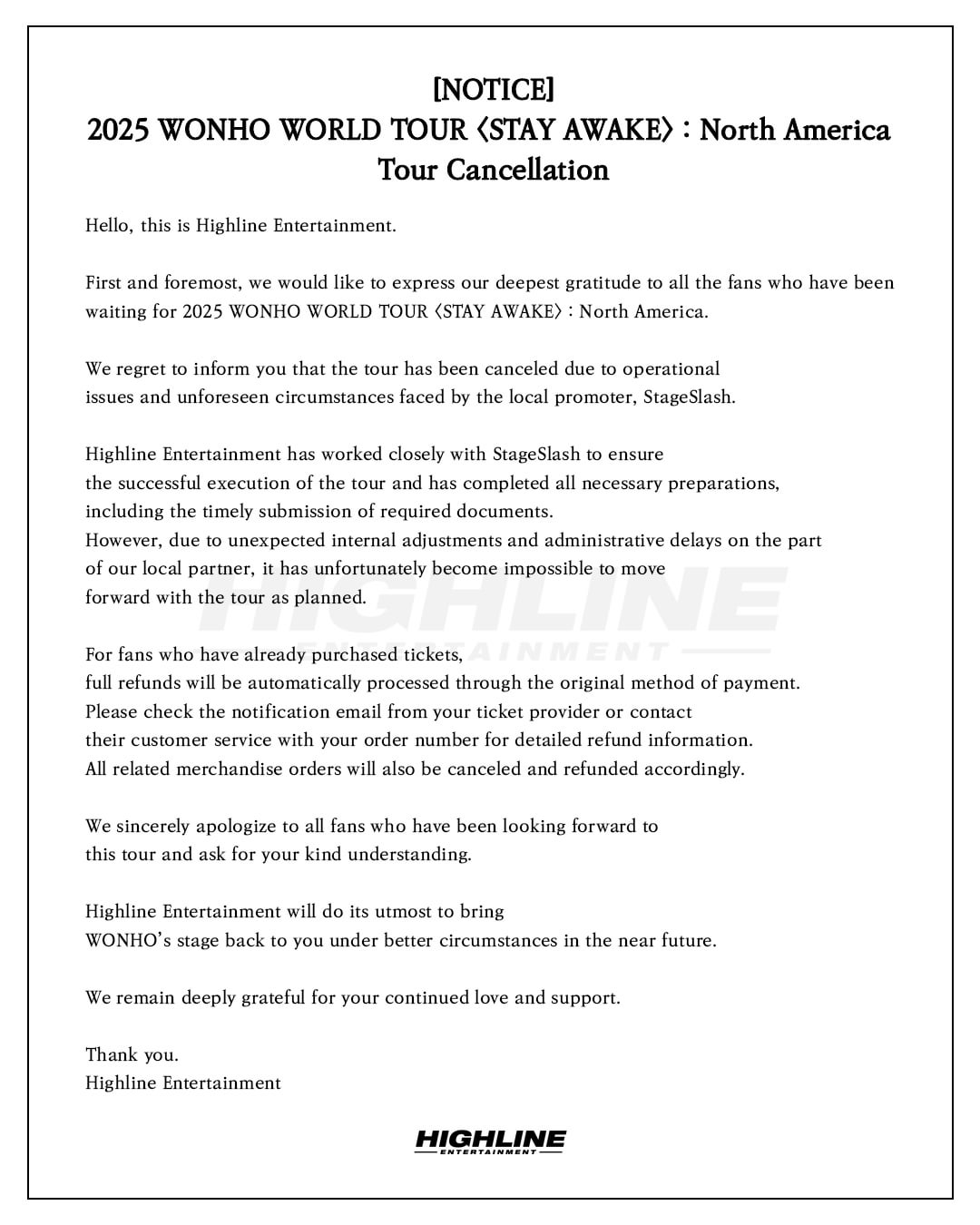 Wonho’s 2025 World Tour ‘Stay Awake’ in North America has been ...